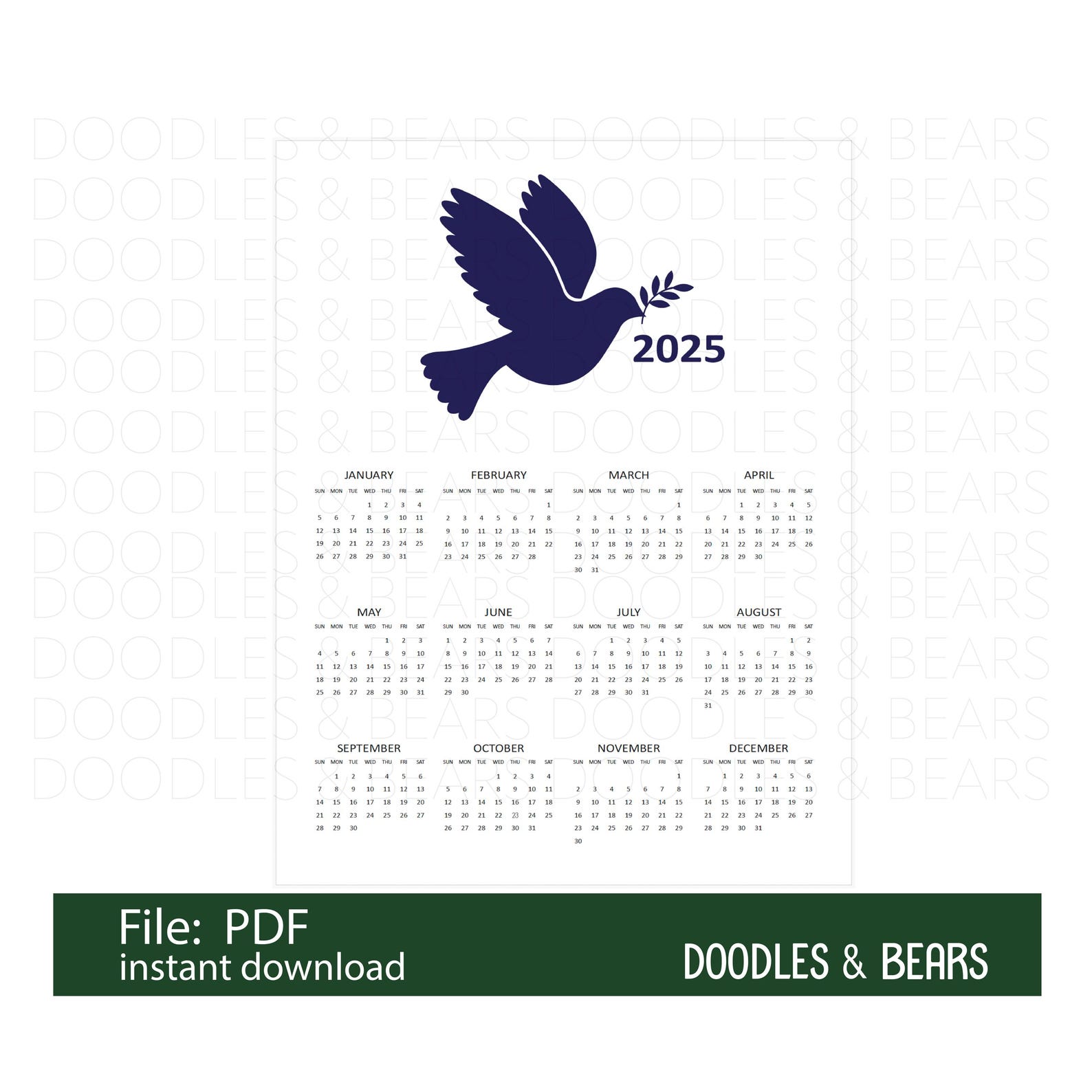 Peace Dove 2025 Calendar PDF, Printable Digital File, Peace Dove Design ...