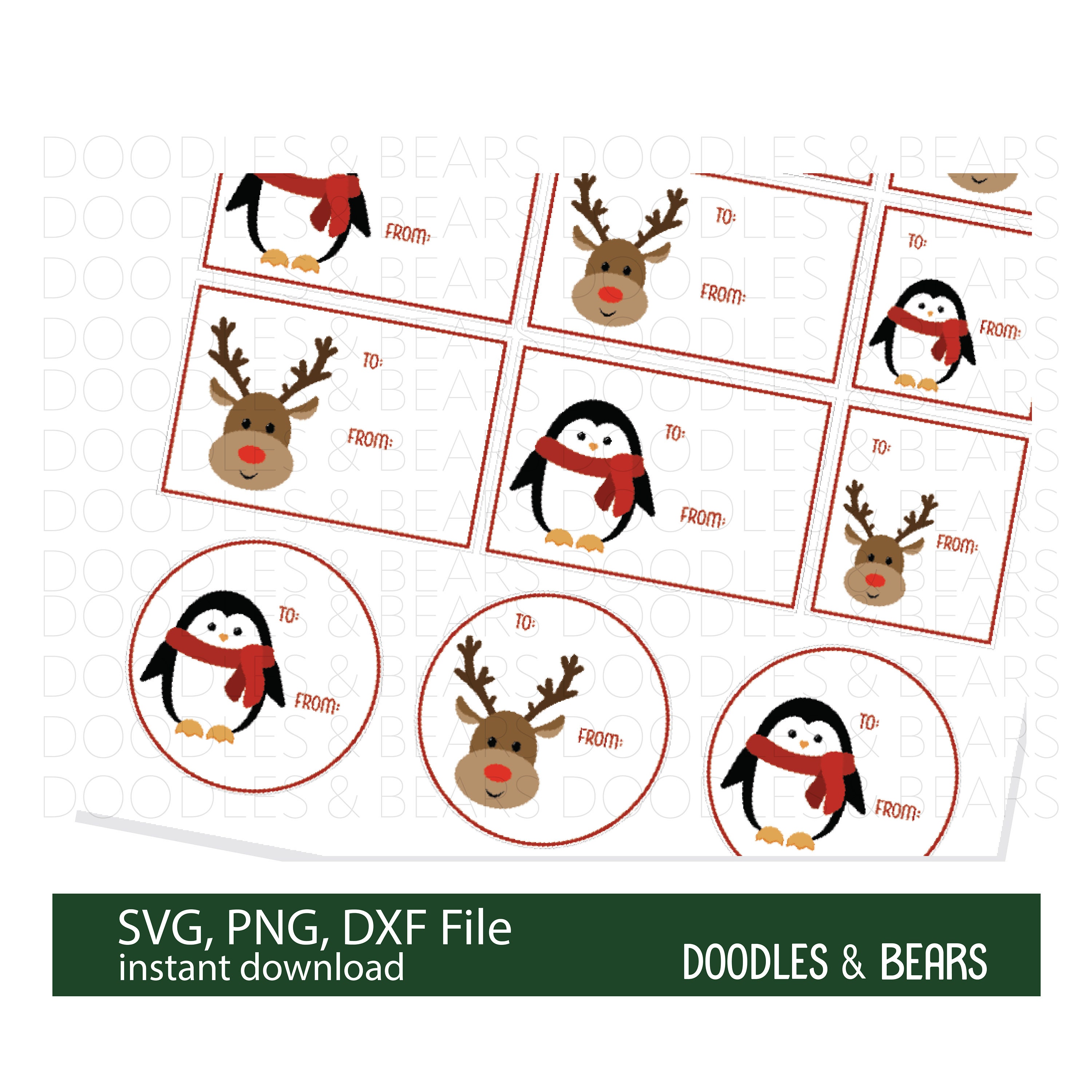 Cute Penguin and Reindeer Gift Tag Stickers SVG, PNG, DXF Files, Cute ...