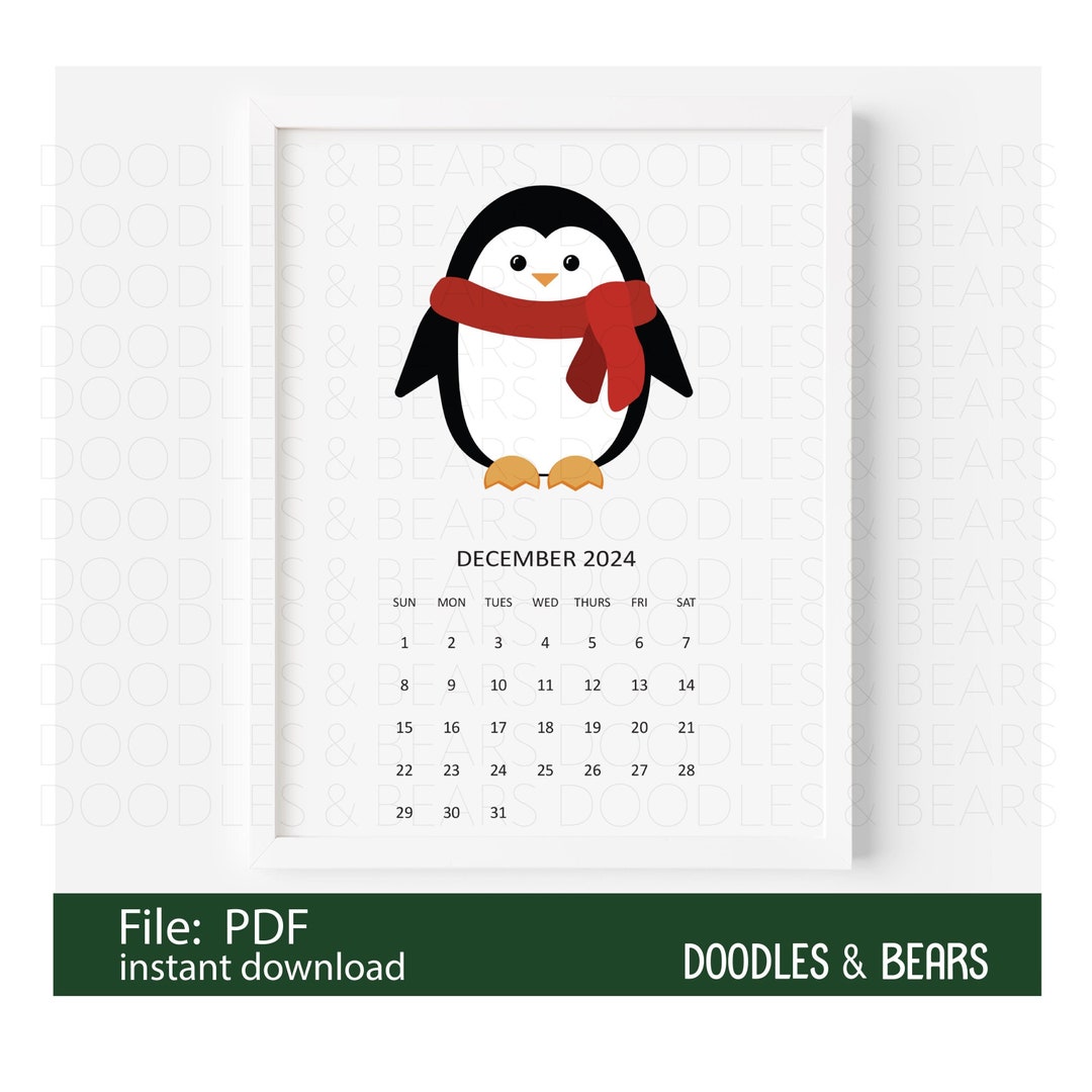 Cute Penguin December 2024 Calendar PDF, Fun Holiday Penguin, Printable ...