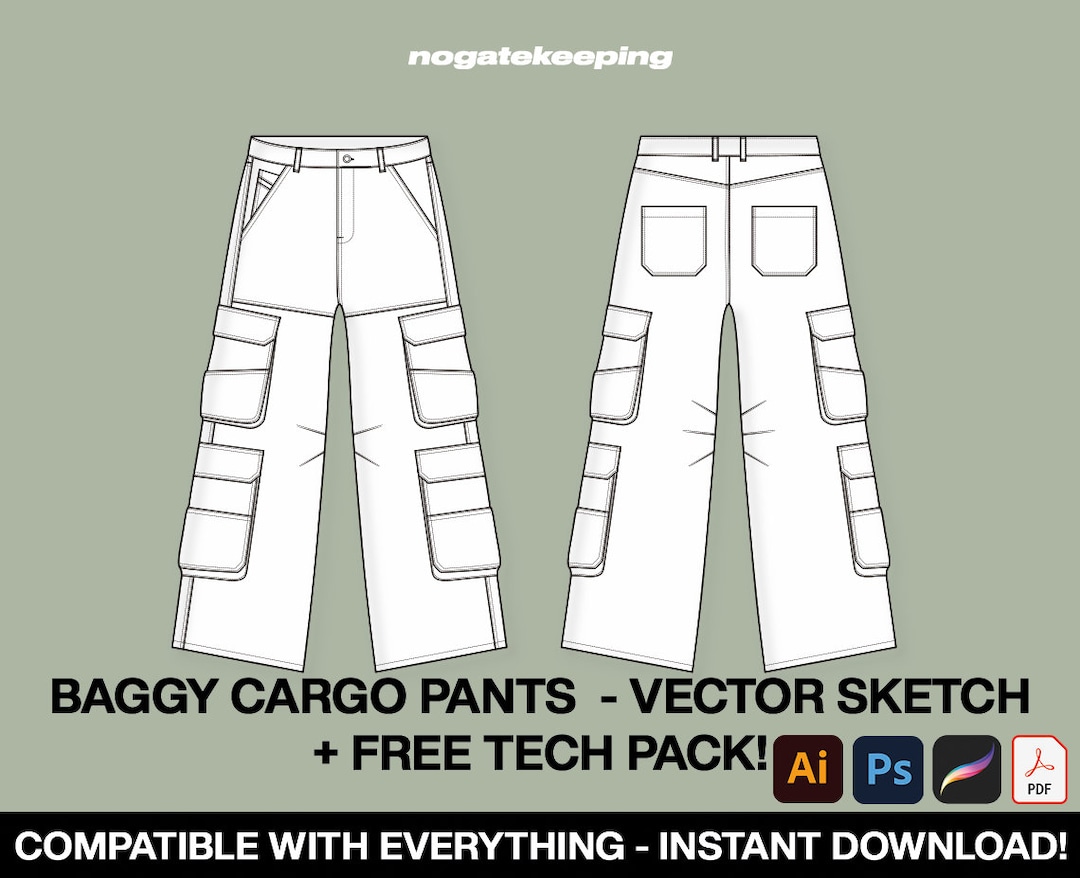 Streetwear Baggy Oversized Cargo Pants Fashion Sketch Mockup Template ...