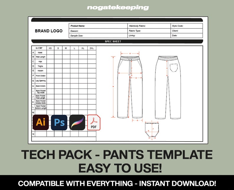 Streetwear Fashion Clothing Tech Pack Spec Sheet Template Mock up ...