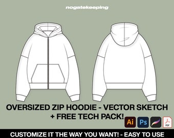 Zip up Hoodie Vector Mockup Streetwear Tech Pack Template Download ...