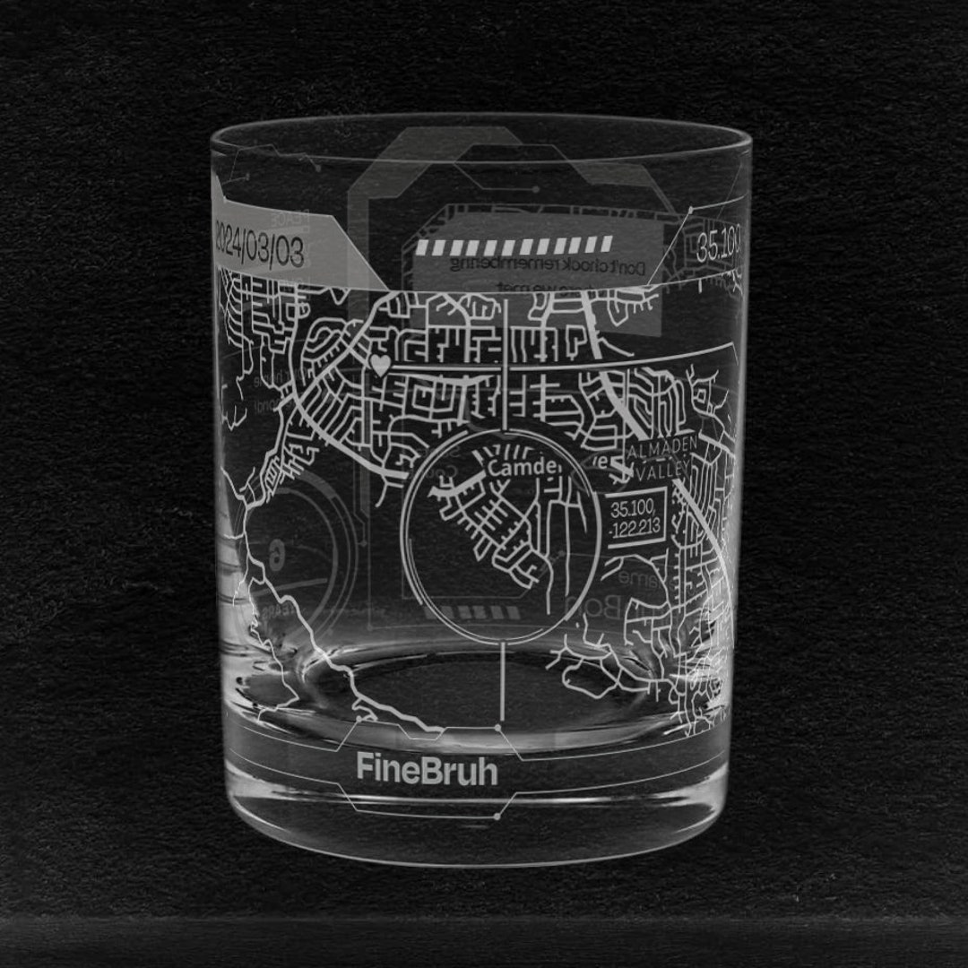 Anniversary & Appreciation Whiskey Glasses | Futuristic GUI Map Etched ...