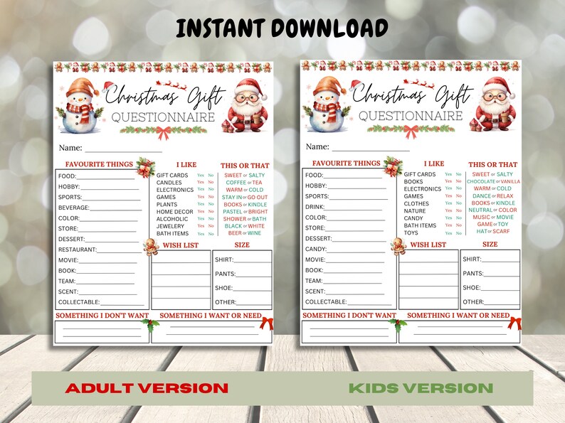 Printable Secret Santa Questionnaire for Christmas Gift Exchange ...