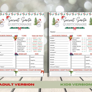 Printable Secret Santa Questionnaire, Secret Santa Gift Exchange, All ...