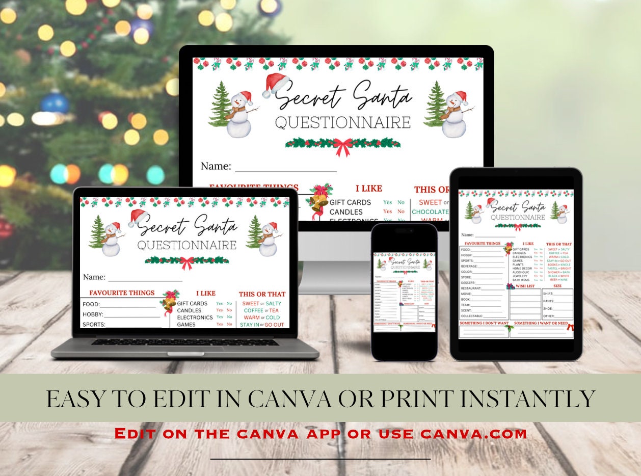 Printable Secret Santa Questionnaire, Secret Santa Gift Exchange, All ...