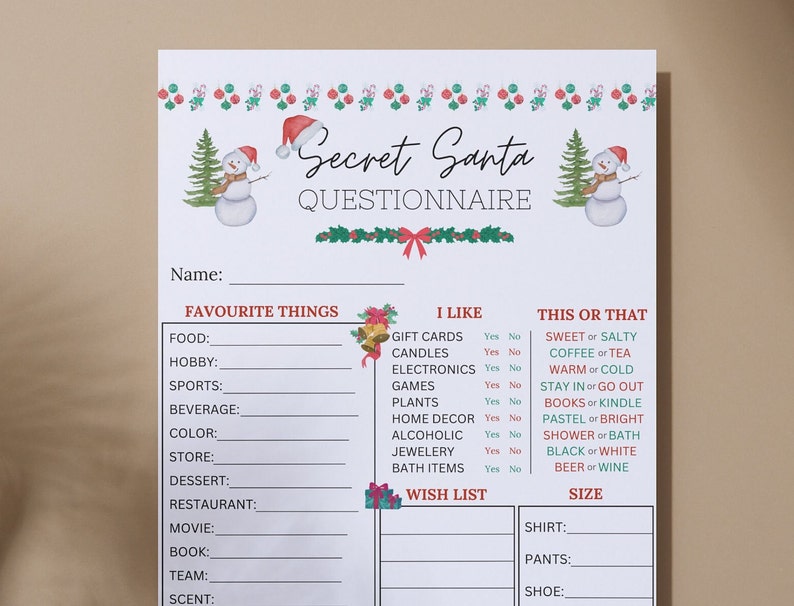 Editable Secret Santa Questionnaire Printable, Secret Santa Gift ...