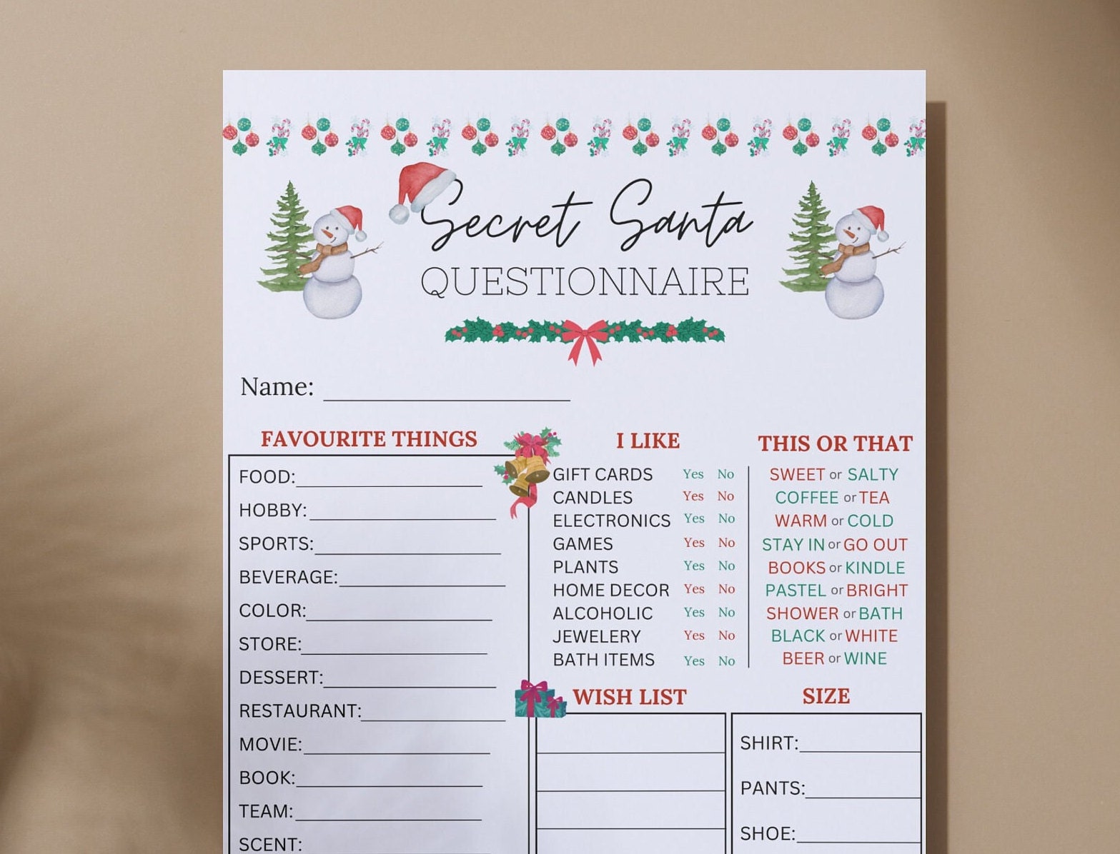 Editable Secret Santa Questionnaire Printable, Secret Santa Gift ...