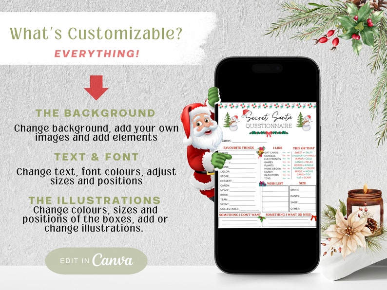 Editable Secret Santa Questionnaire Printable, Secret Santa Gift ...