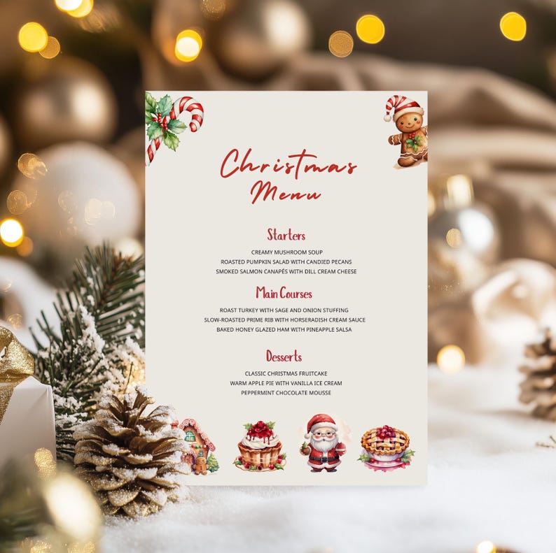 Christmas Menu Card Holiday Menu Template Printable Menu 2 Sizes ...