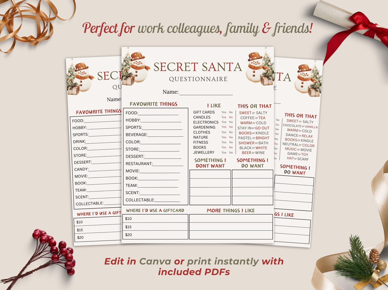 Secret Santa Questionnaire Printable, Secret Santa Gift Exchange, All ...