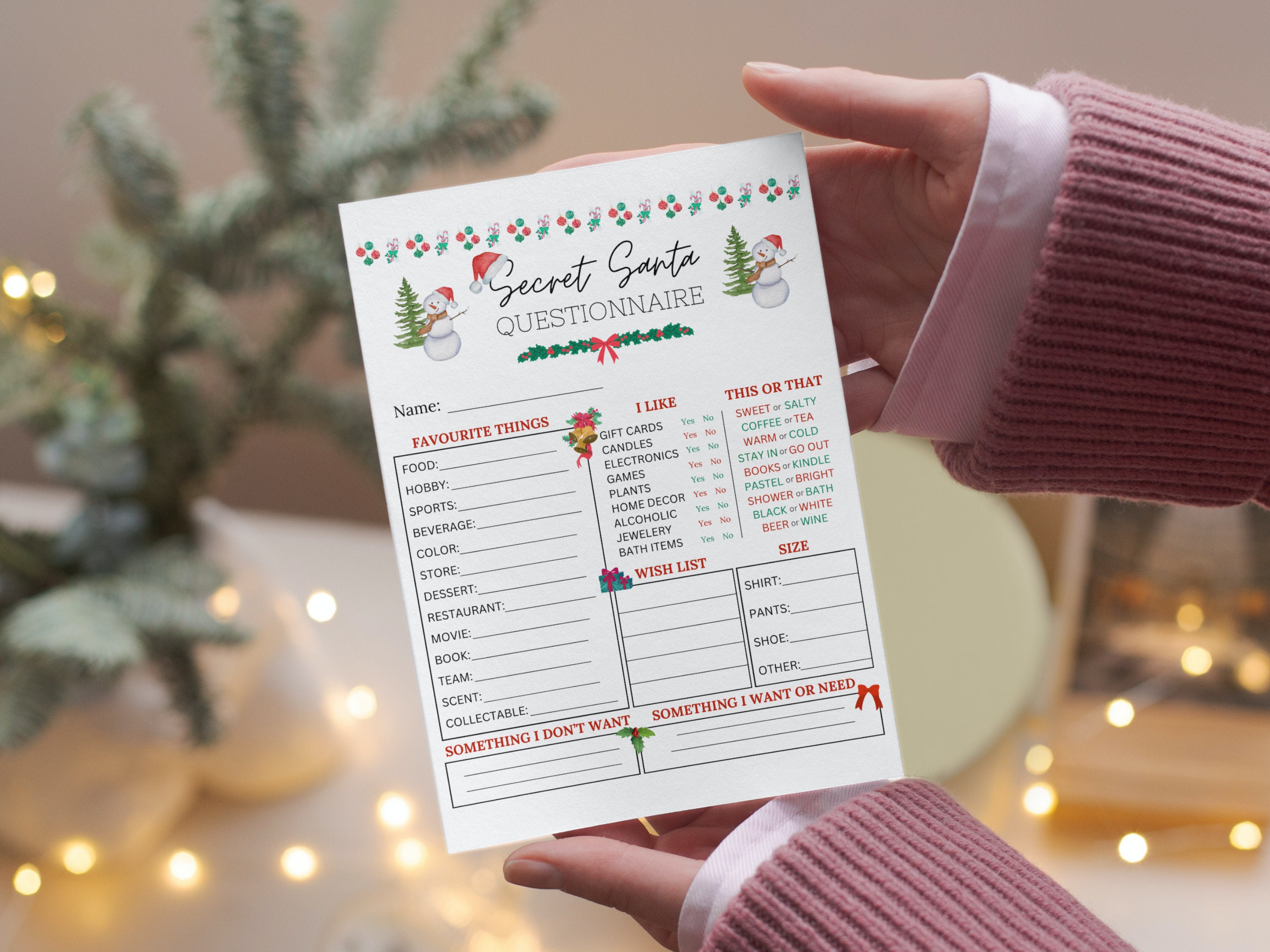 Printable Secret Santa Questionnaire, Secret Santa Gift Exchange, All ...