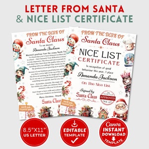 Editable Santa Letter and Nice List Certificate, Personalised Letter ...