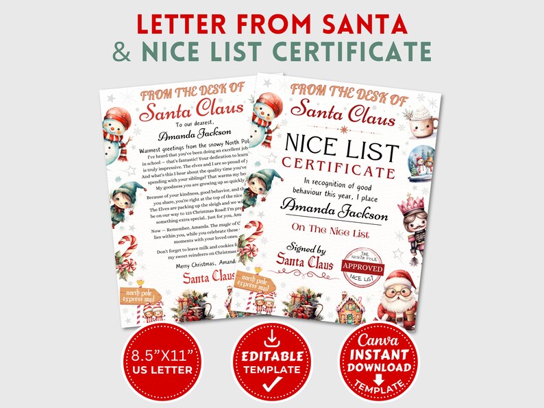 Editable Santa Letter and Nice List Certificate, Personalised Letter ...