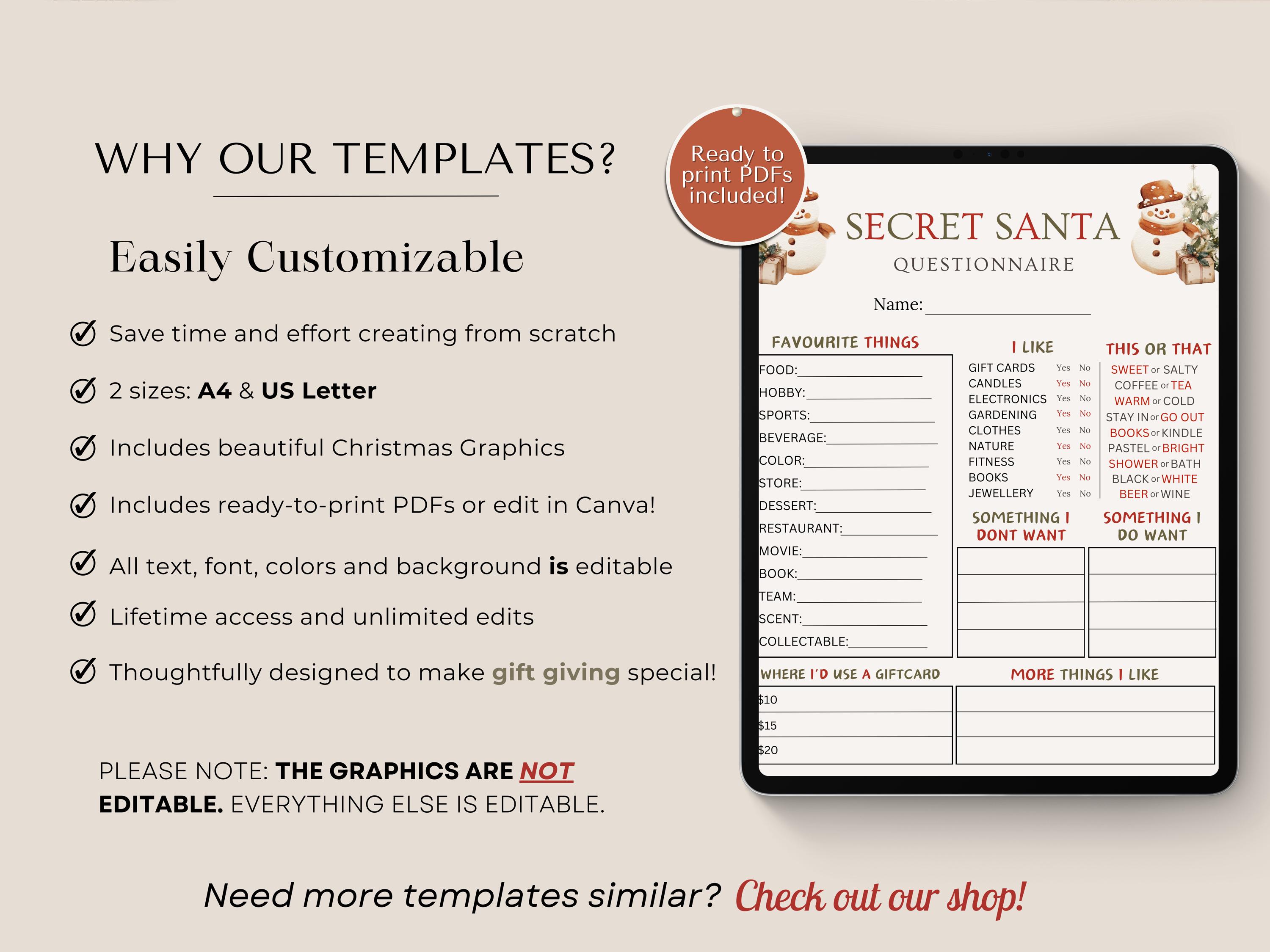 Secret Santa Questionnaire Printable, Secret Santa Gift Exchange, All ...
