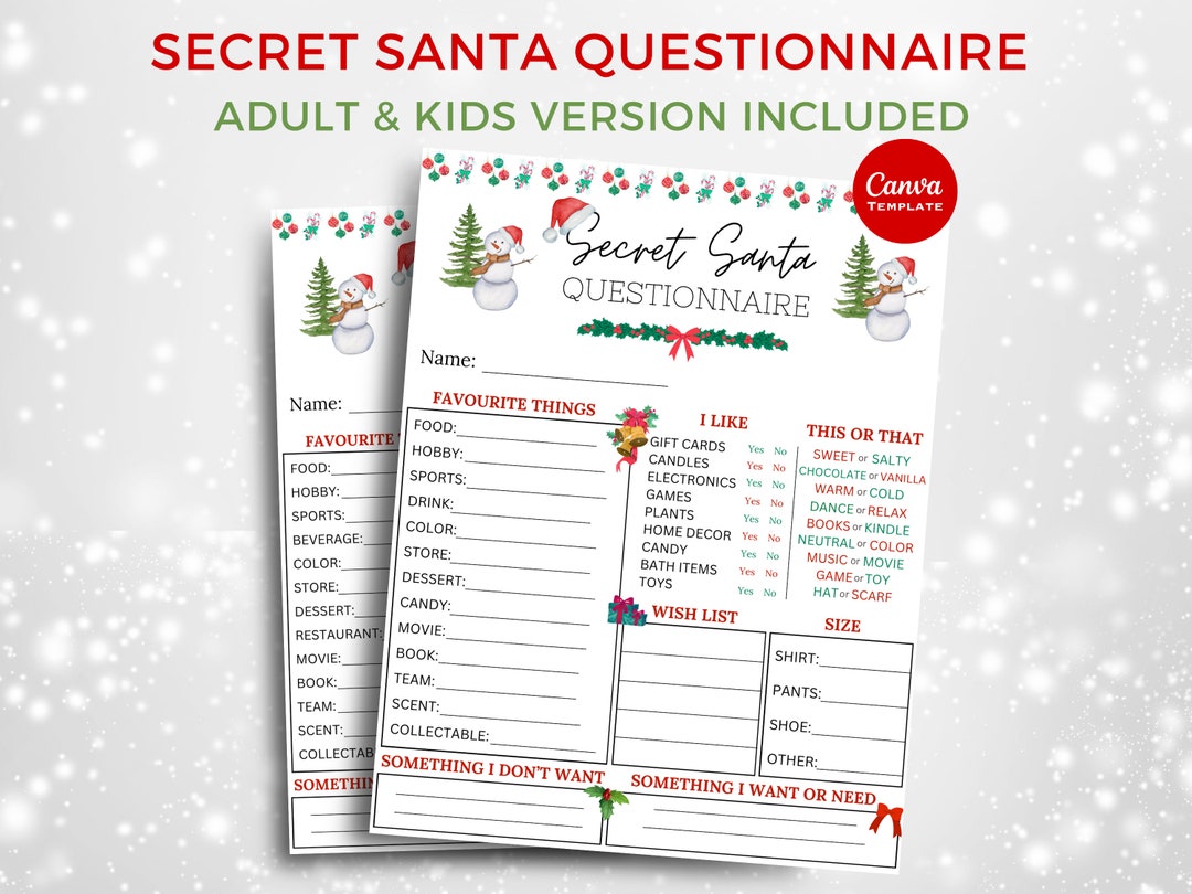 Printable Secret Santa Questionnaire for Christmas Gift Exchange Secret ...
