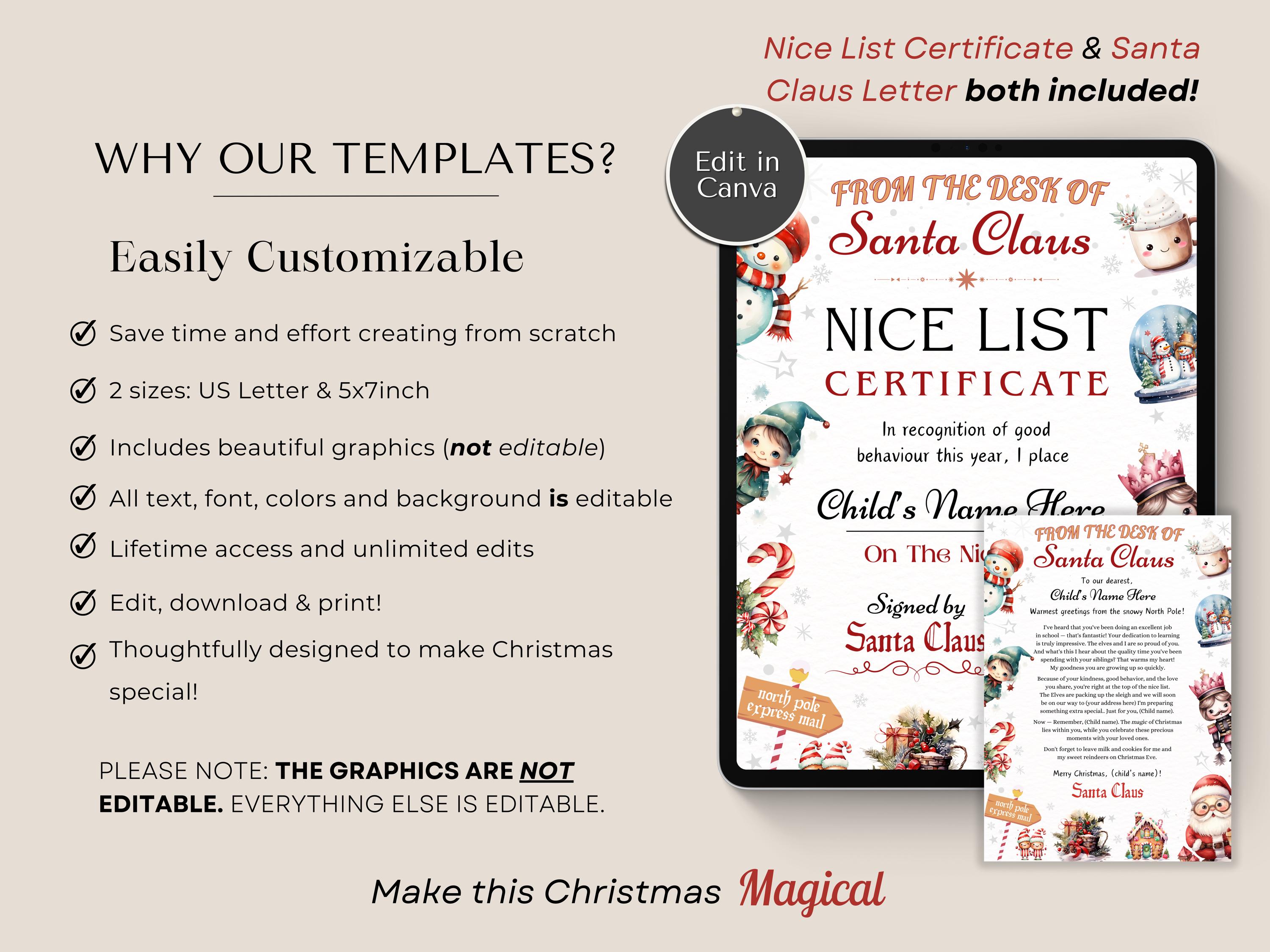 Editable Nice List Certificate, Santa Letter, Personalised Letter From ...