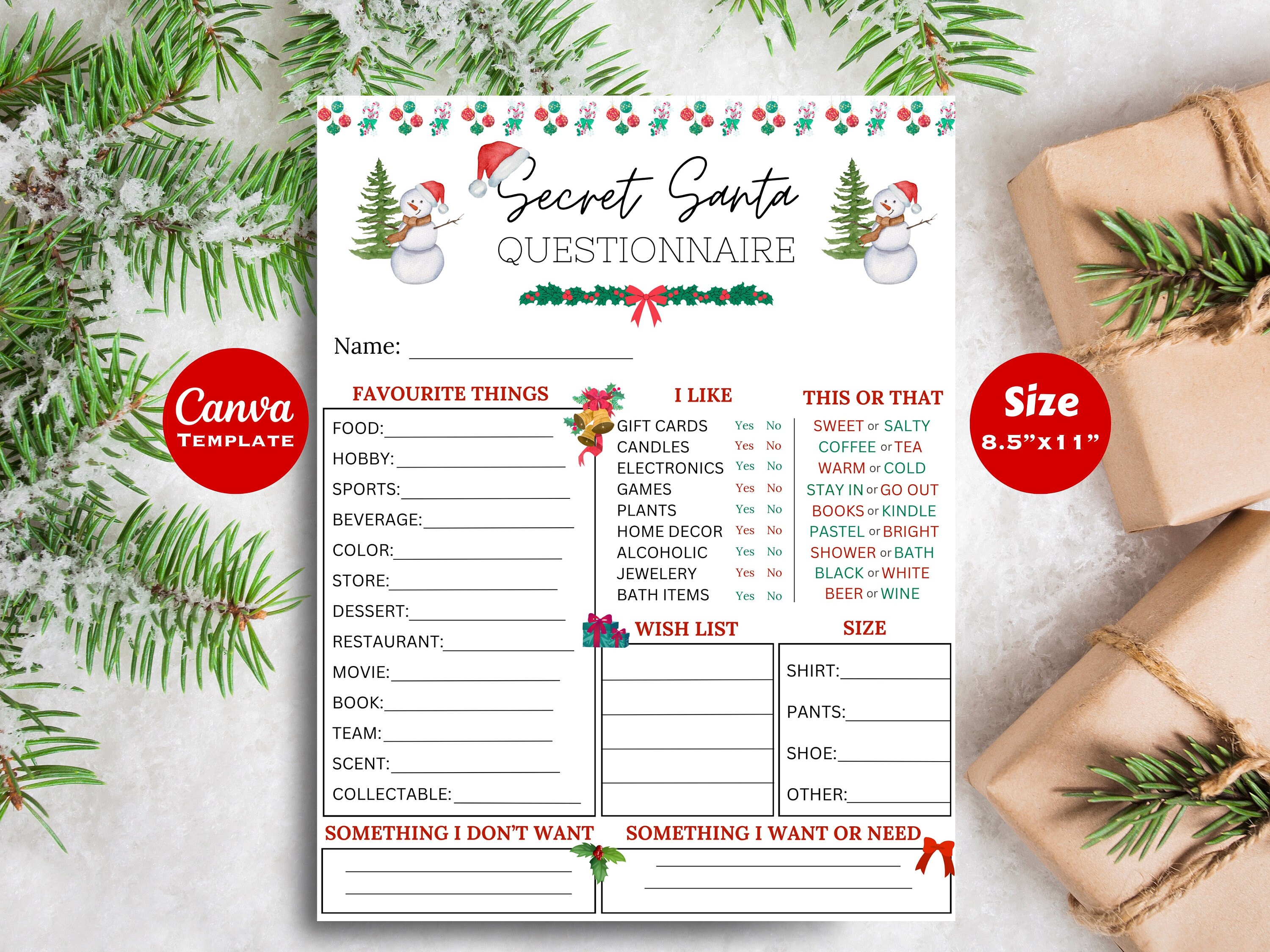 Printable Secret Santa Questionnaire, Secret Santa Gift Exchange, All ...