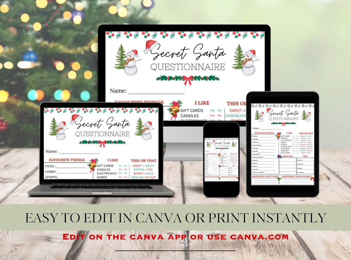 Editable Secret Santa Questionnaire Printable, Secret Santa Gift ...