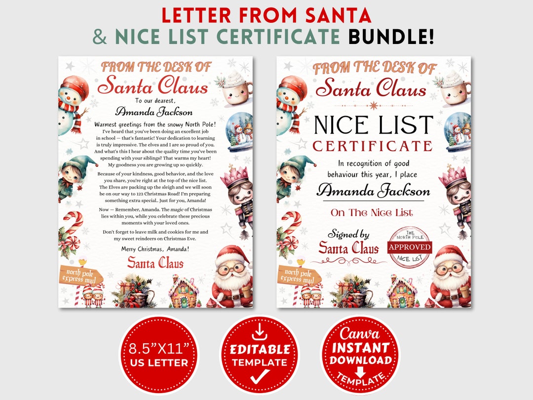Editable Santa Letter and Nice List Certificate, Personalised Letter ...