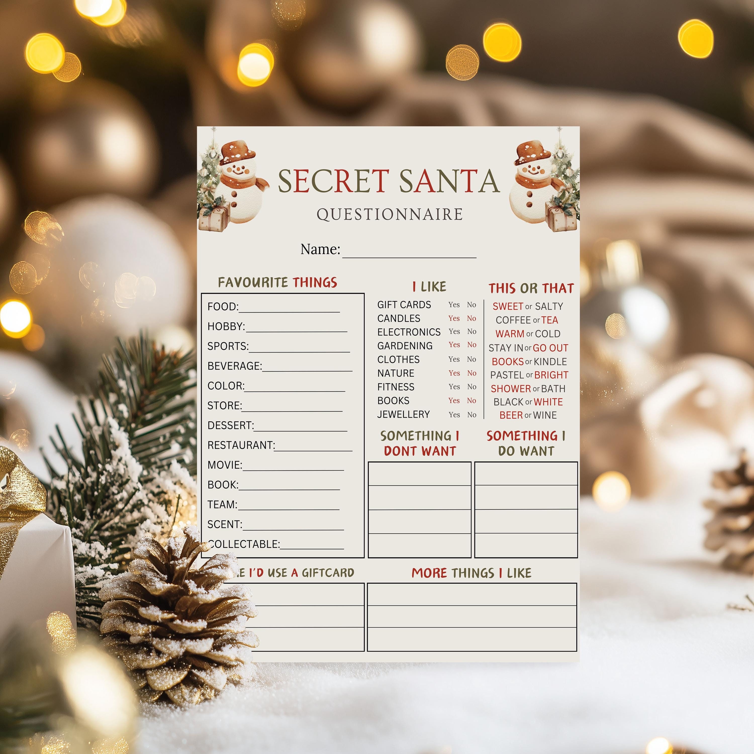 Secret Santa Questionnaire Printable, Secret Santa Gift Exchange, All ...