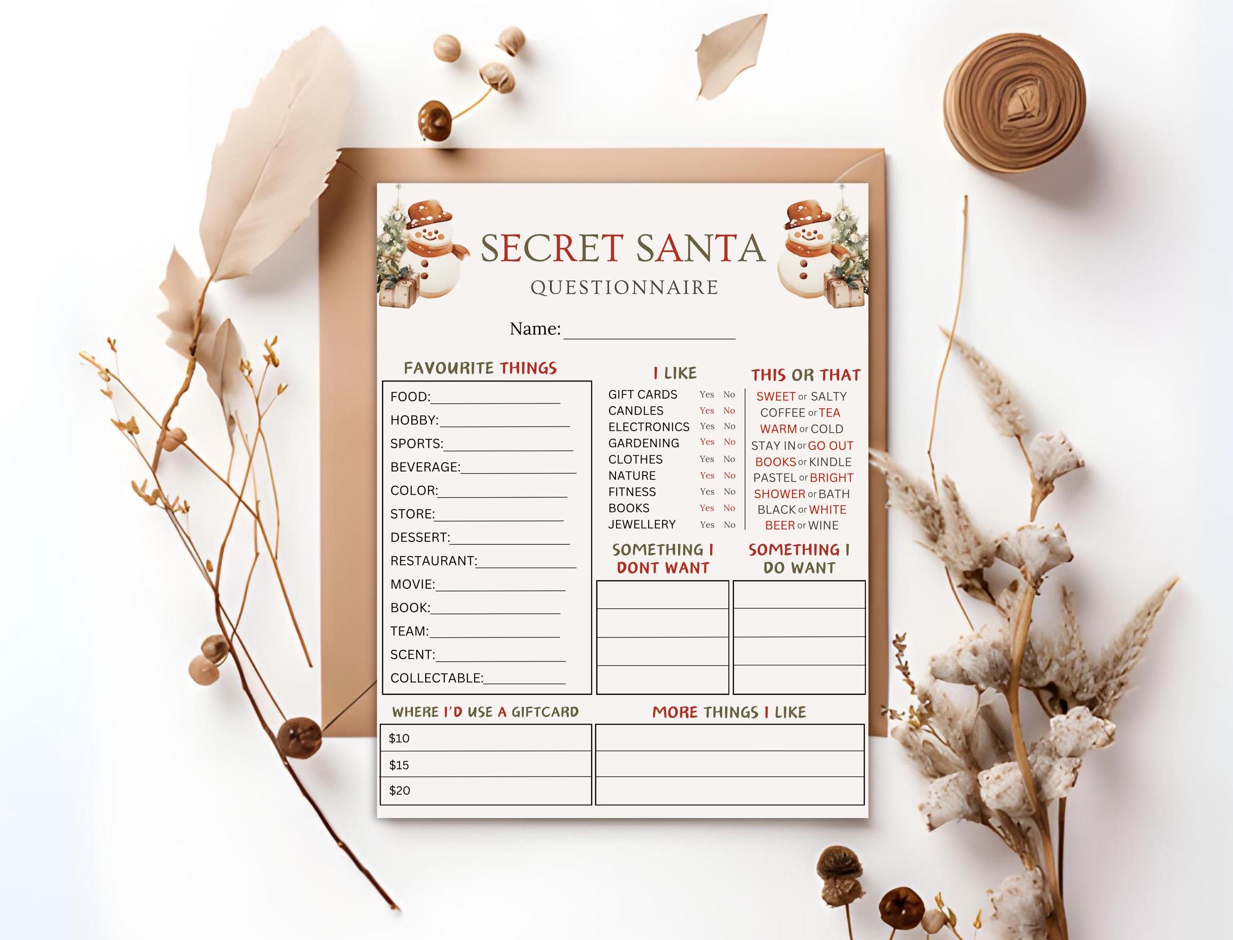 Secret Santa Questionnaire Printable, Secret Santa Gift Exchange, All ...