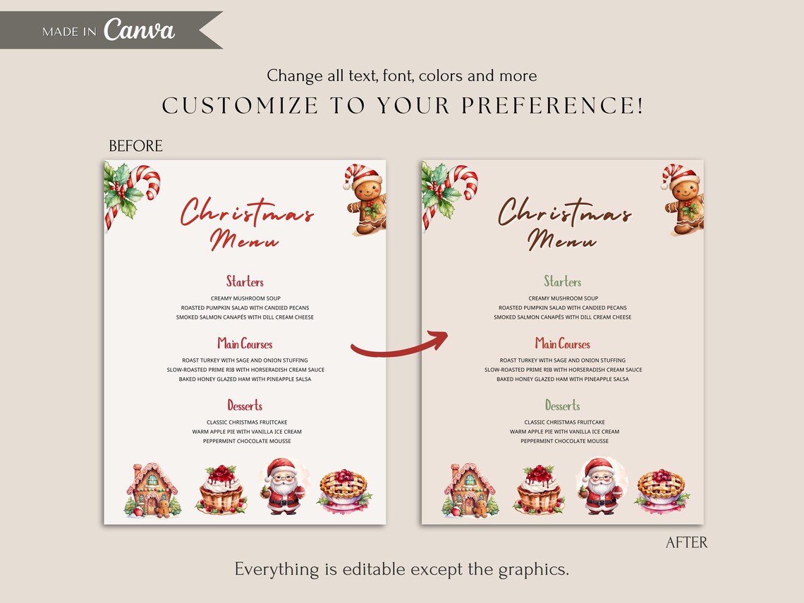 Christmas Menu Card Holiday Menu Template Printable Menu 2 Sizes ...