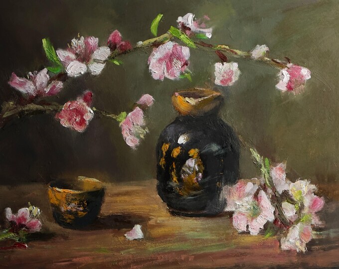 Peach Blossoms in a Japanese Sake Vase,oil Painting on 9 by 12 Inch ...