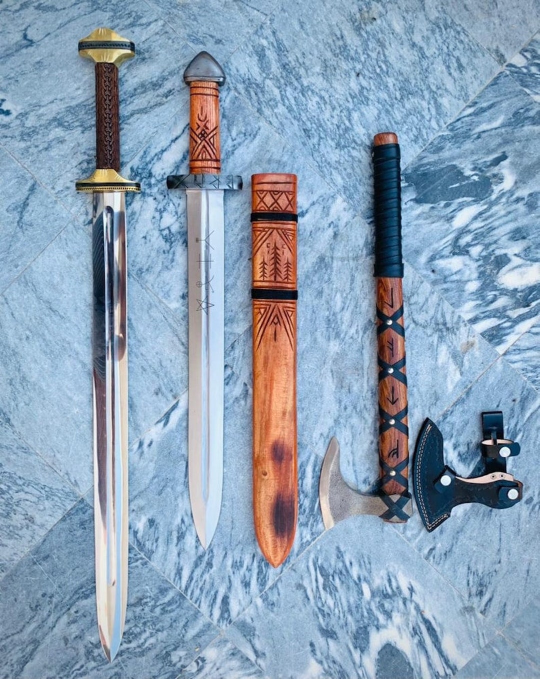 Hand Forged Custom Viking Swords & Ragnar Axe Set, Forged Viking Axe ...