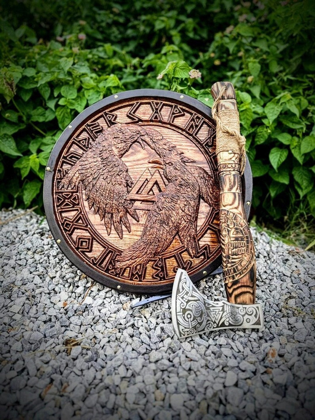 Custom Viking Shield Medieval Axe & Shield Set Carved Viking Gift Wall ...