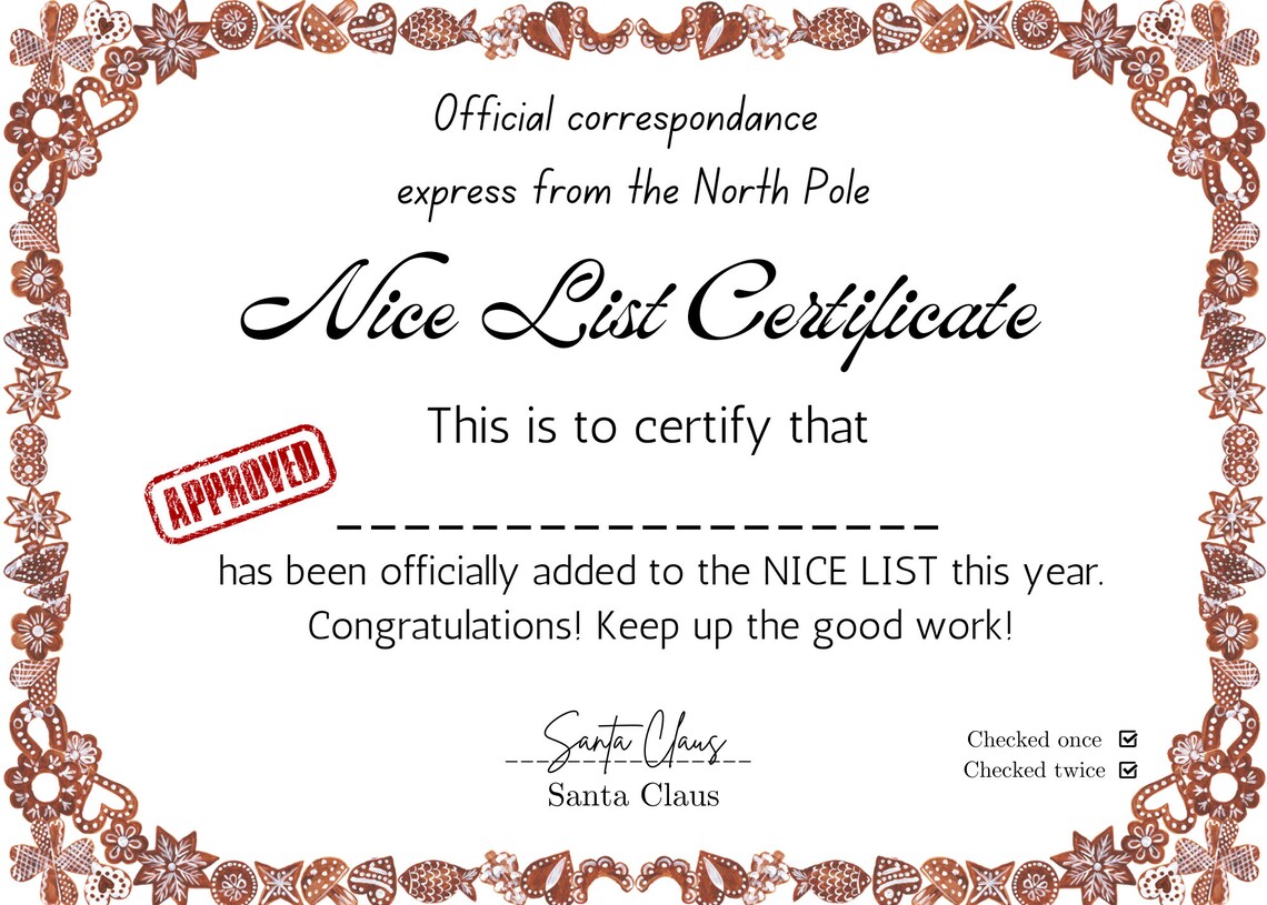 Printable Nice List Certificate I Official Letter From Santa - Etsy