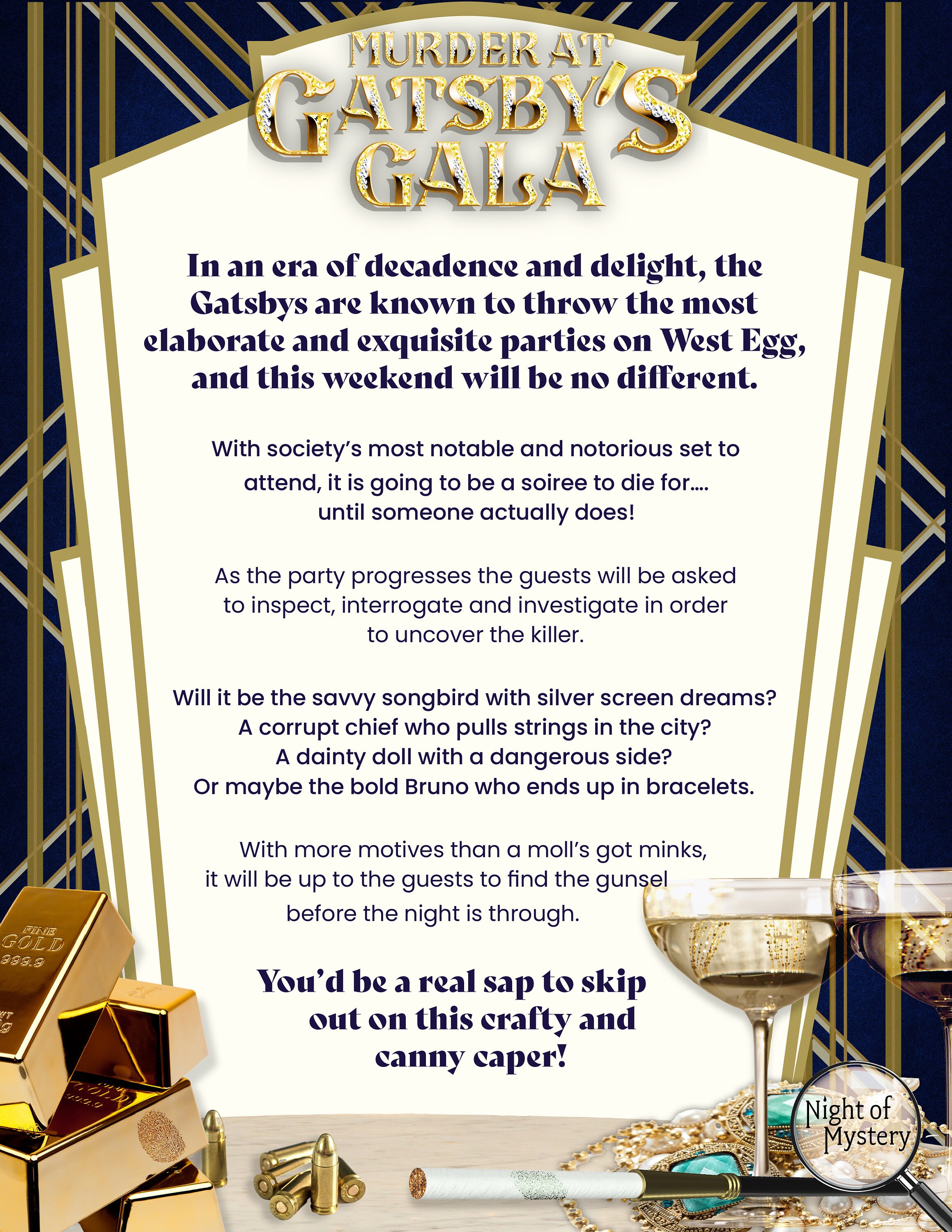 Murder at Gatsby’s Gala | Gatsby Theme Murder Mystery Party Game ...