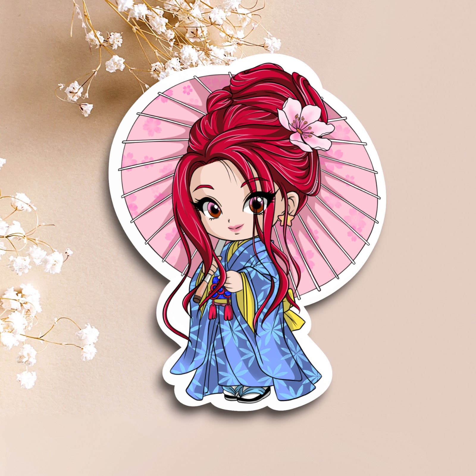 Chibi Kimono Anime Girl, Anime Die-cut Sticker, Blue Kimono Anime Girl ...