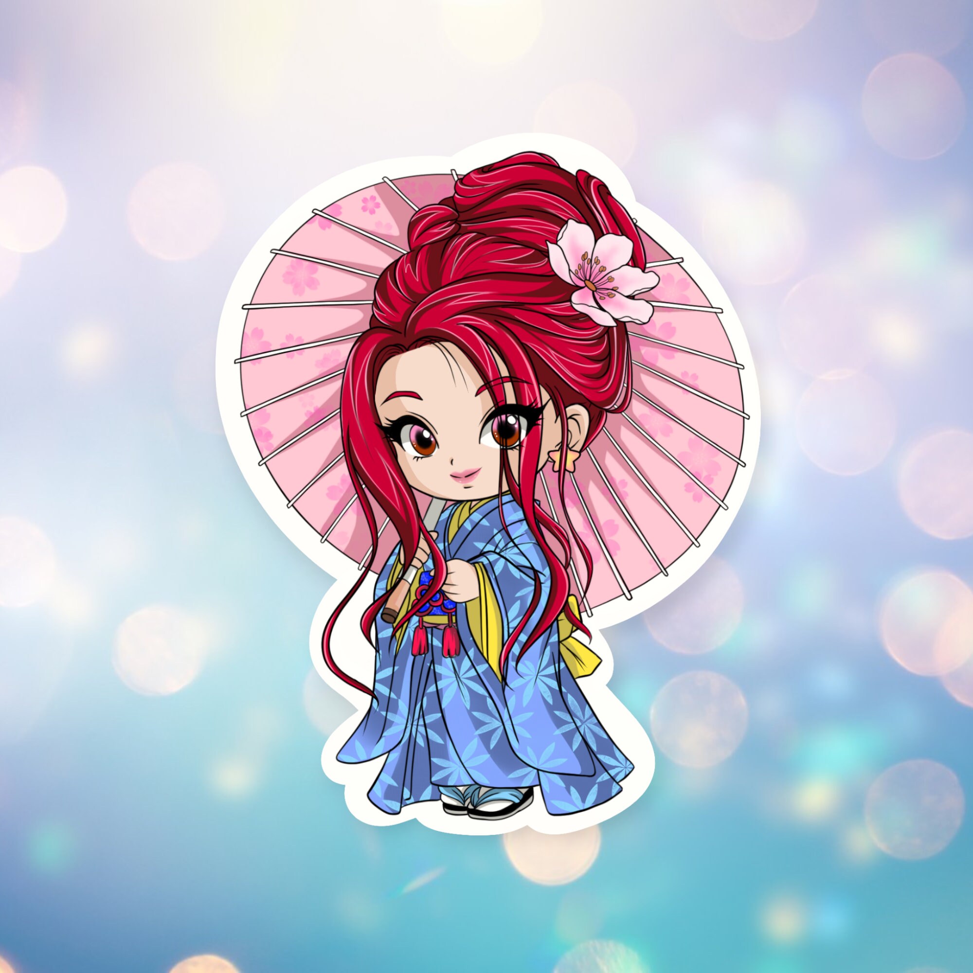 Chibi Kimono Anime Girl, Anime Die-cut Sticker, Blue Kimono Anime Girl ...