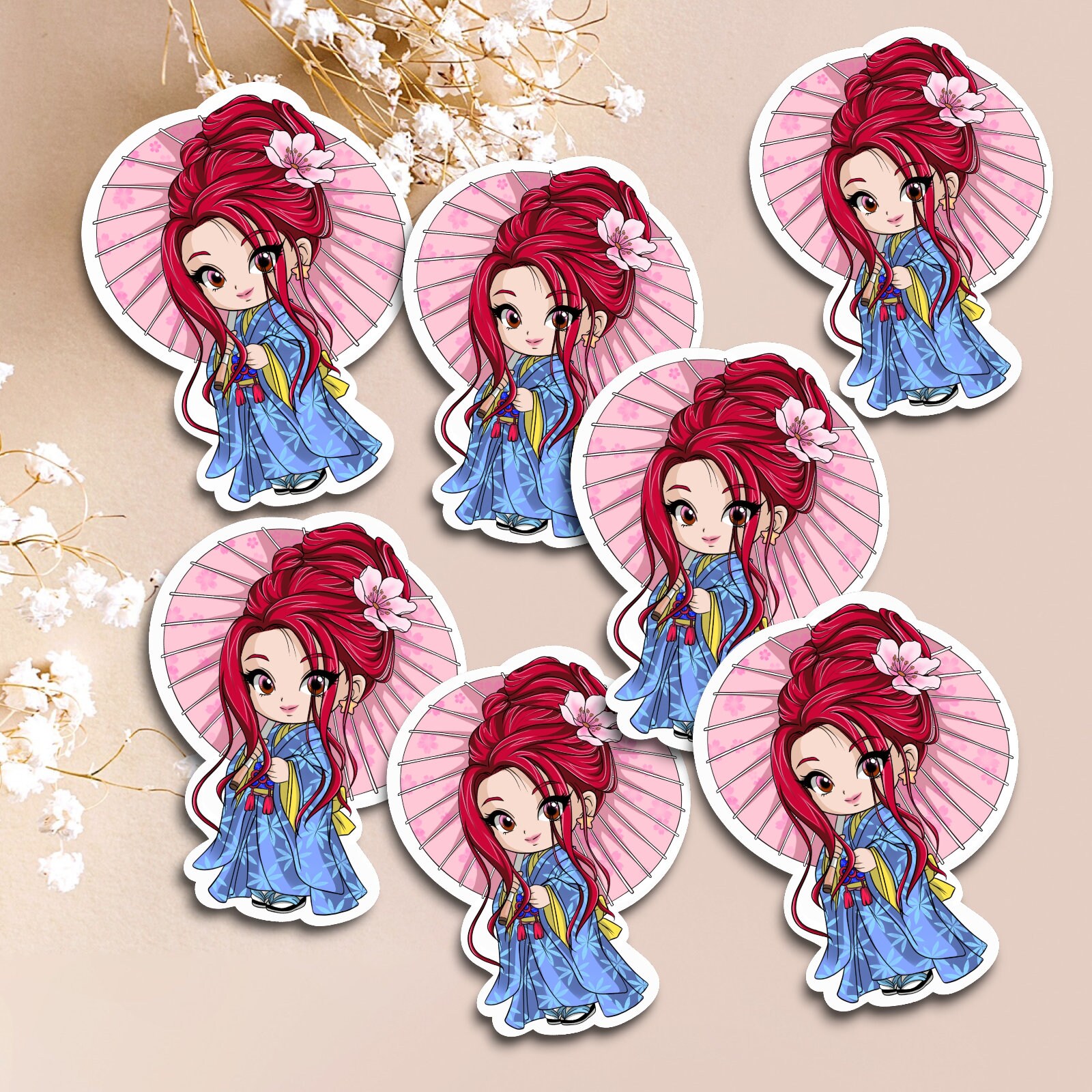 Chibi Kimono Anime Girl, Anime Die-cut Sticker, Blue Kimono Anime Girl ...