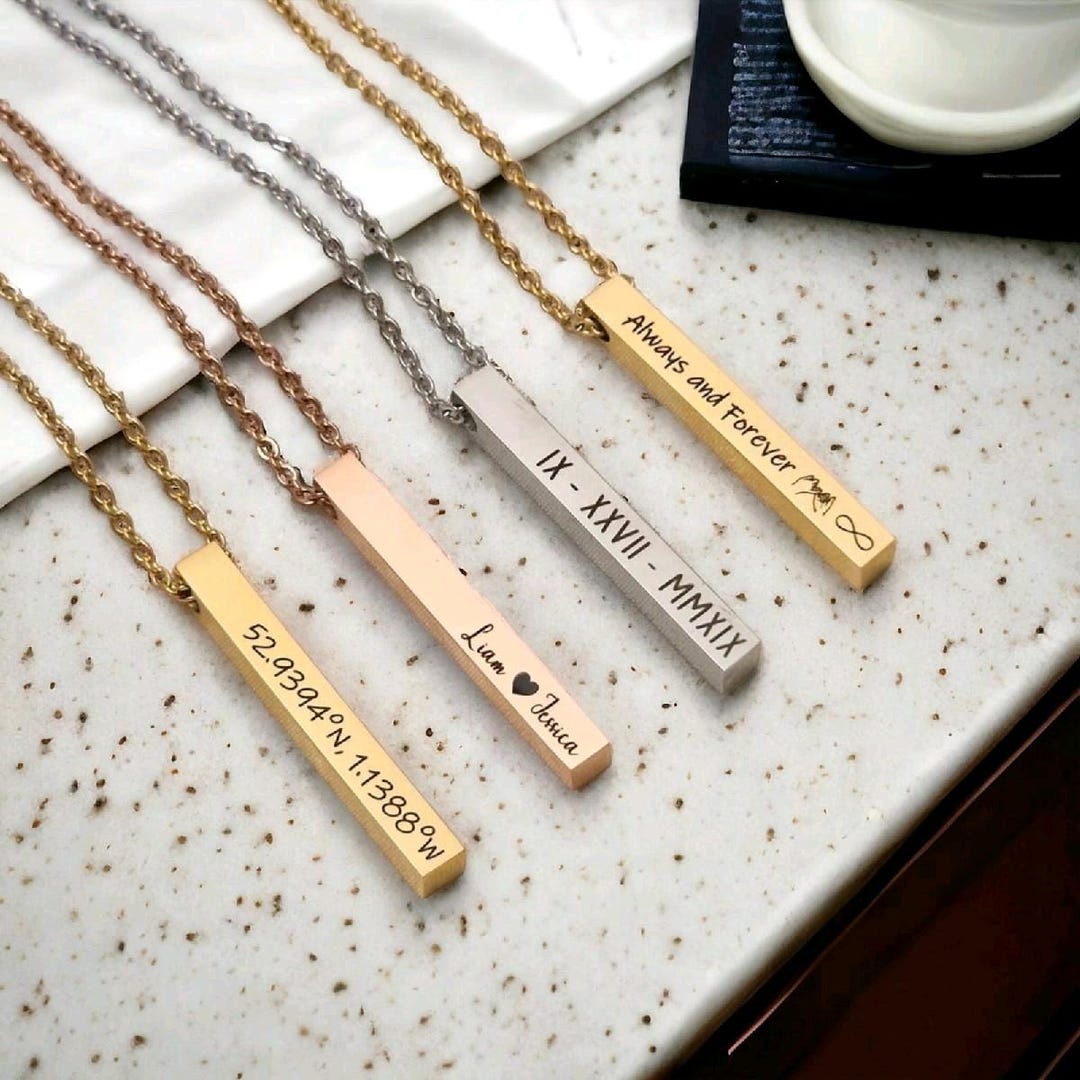 Personalized Engraved 4 Sided Block Vertical Bar Necklace, Minimalist ...