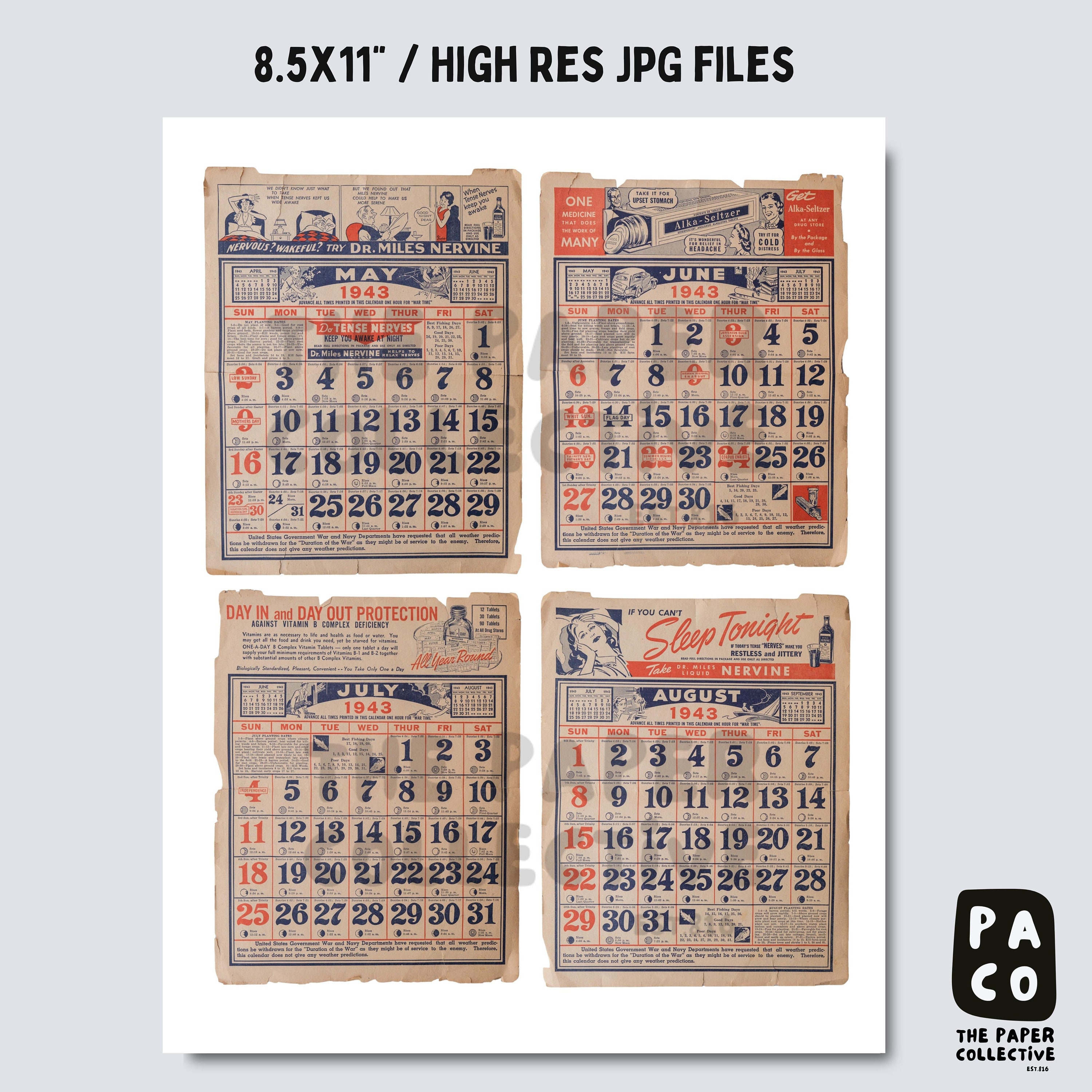 Vintage Calendar Pages, 1943, Old Calendars for Digital Download, Junk ...