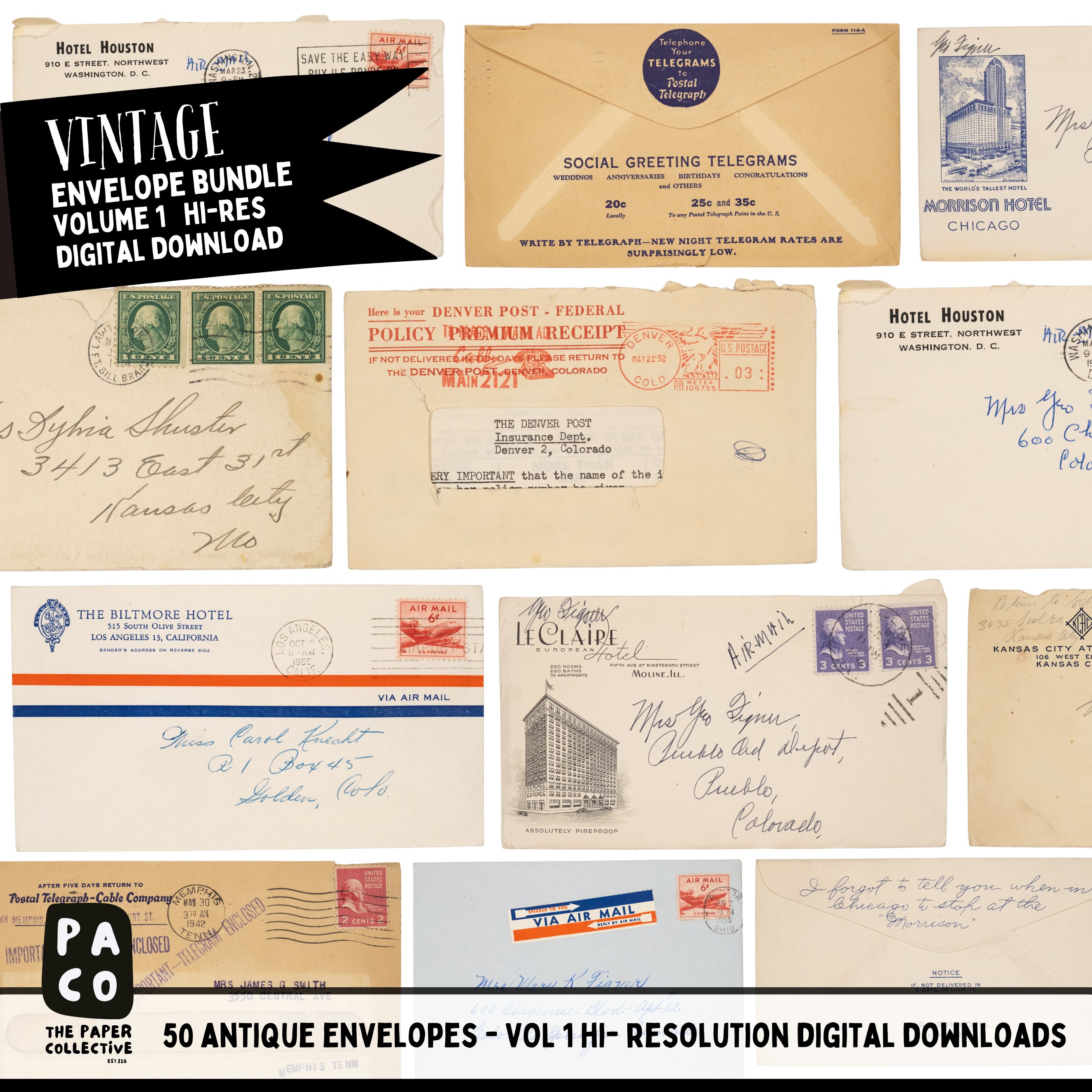 Ephemera Paper Bundle, 50 Vintage Handwritten Envelopes, Instant ...