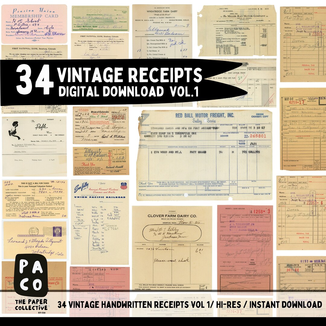 Ephemera Receipt Bundle, 34 Vintage Handwriten Receipts, Instant ...