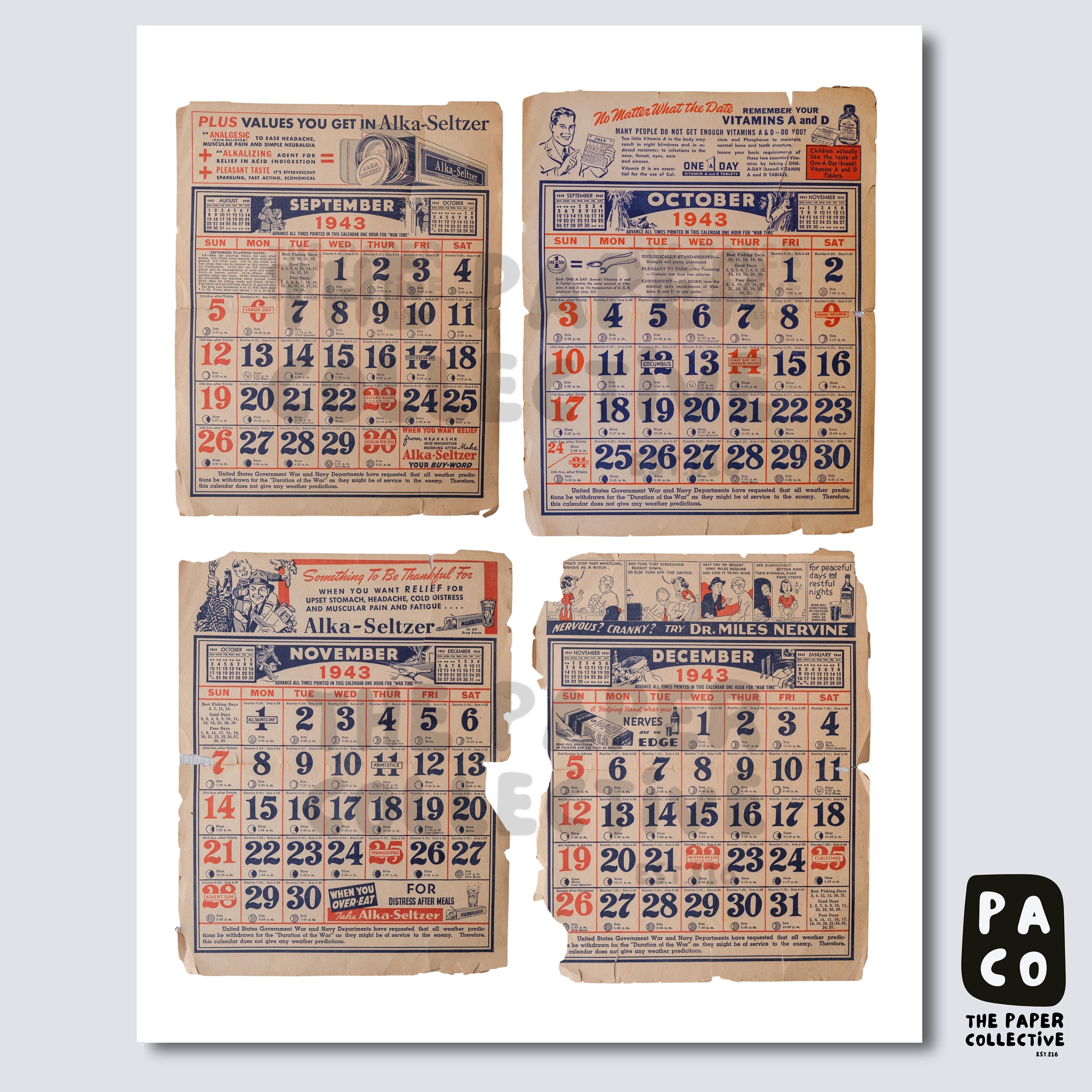 Vintage Calendar Pages, 1943, Old Calendars for Digital Download, Junk ...