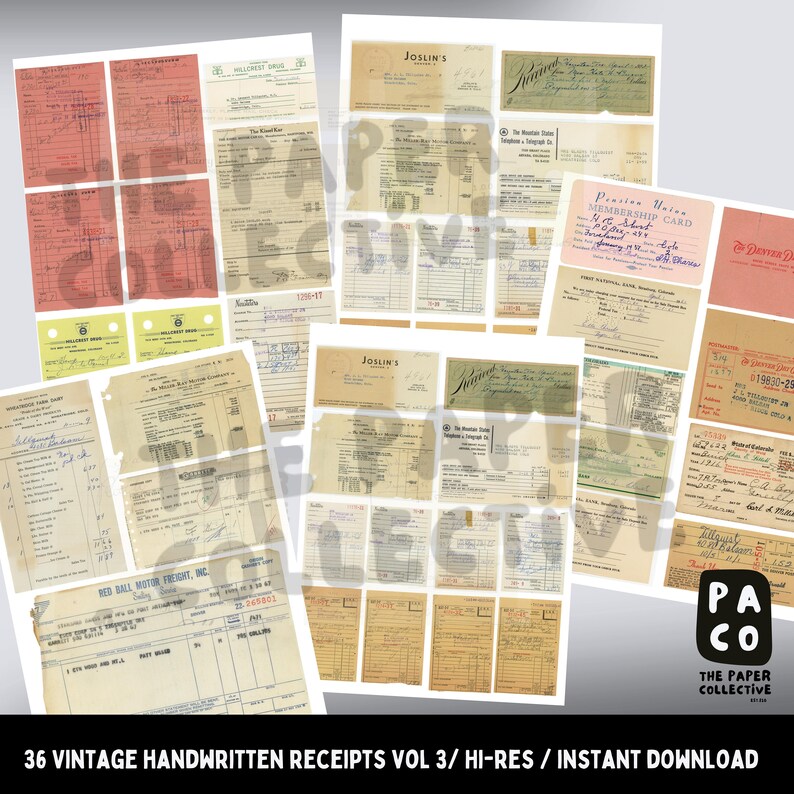 Ephemera Receipt Bundle, 36 Vintage Handwriten Receipts, Instant ...
