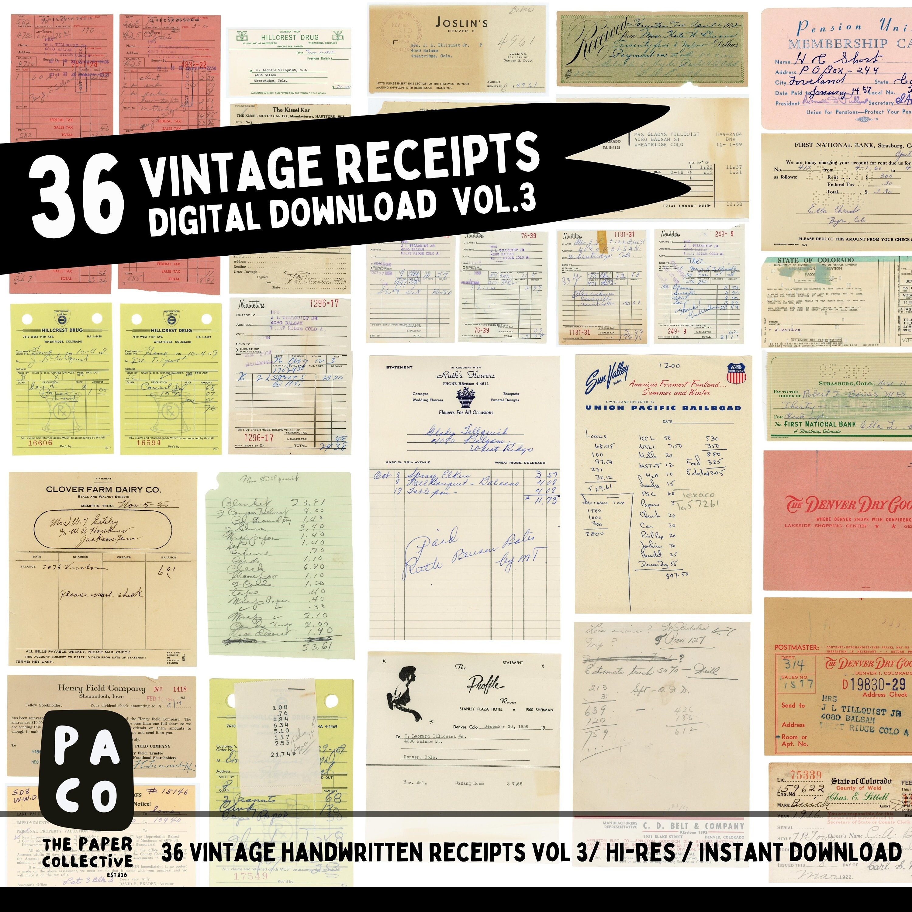 Ephemera Receipt Bundle, 36 Vintage Handwriten Receipts, Instant ...