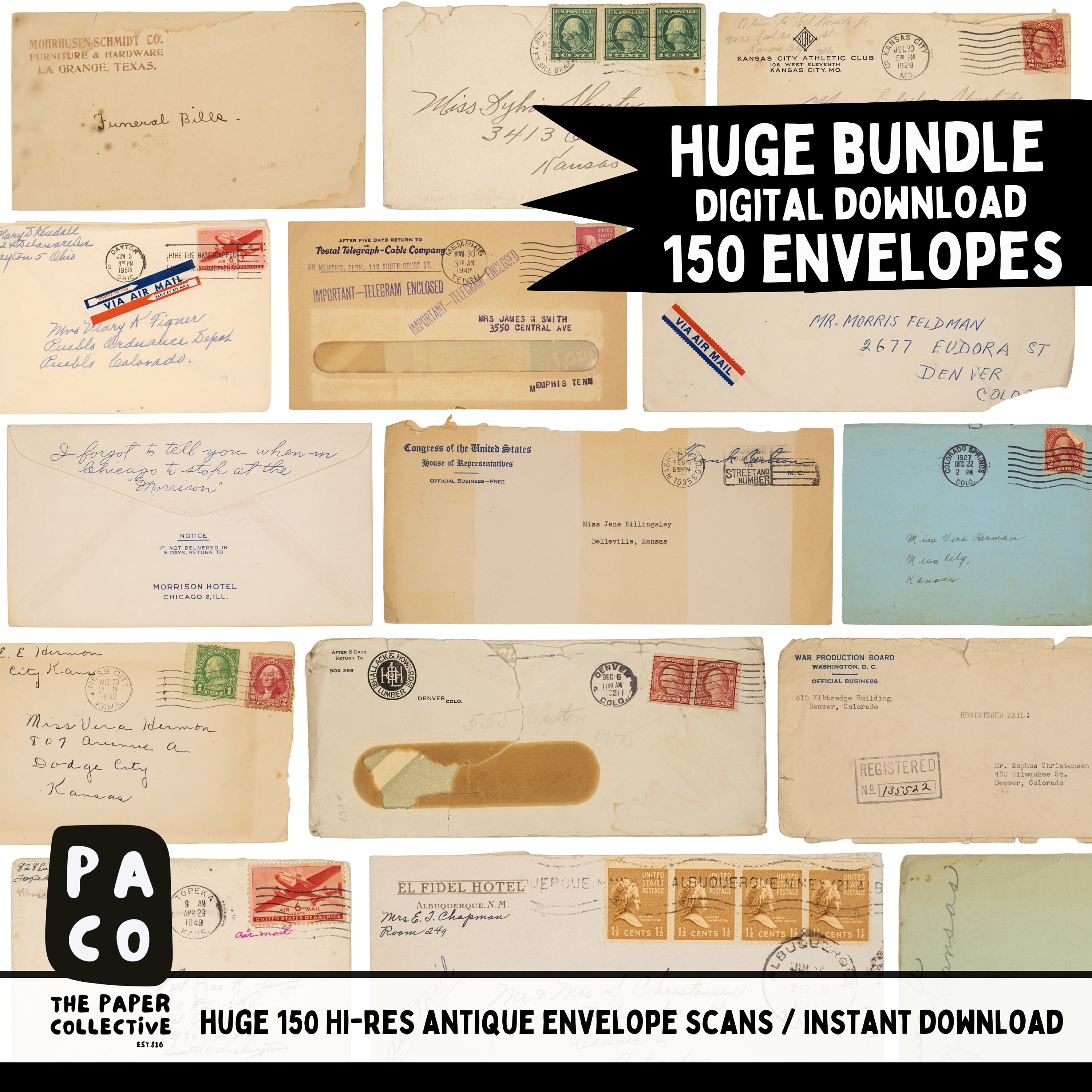 HUGE Ephemera Paper Bundle, 150 Vintage Handwritten Envelopes, Instant ...