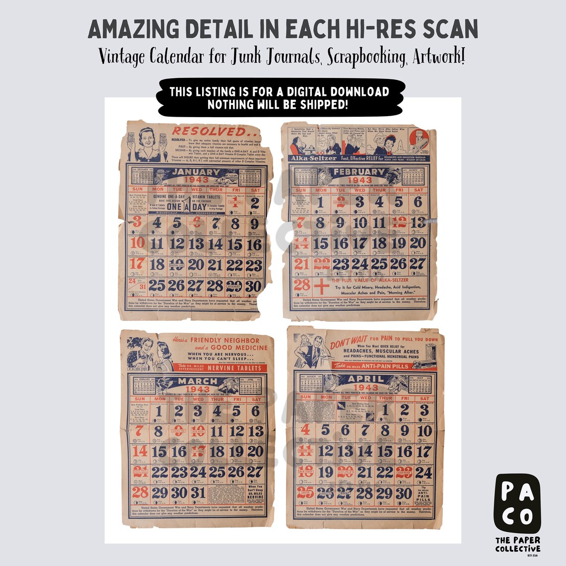 Vintage Calendar Pages, 1943, Old Calendars for Digital Download, Junk ...