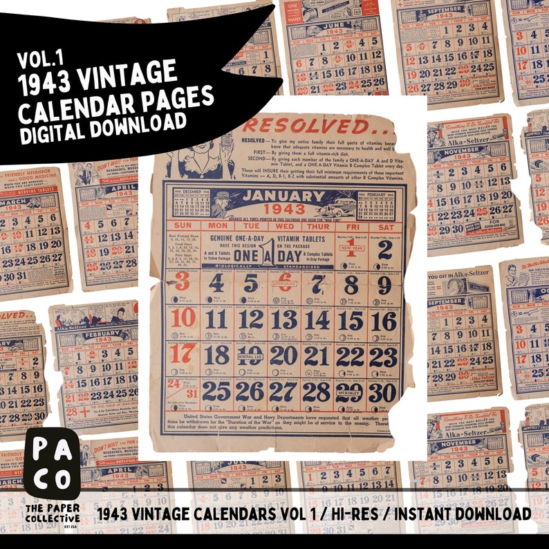 Vintage Calendar Pages, 1943, Old Calendars for Digital Download, Junk ...