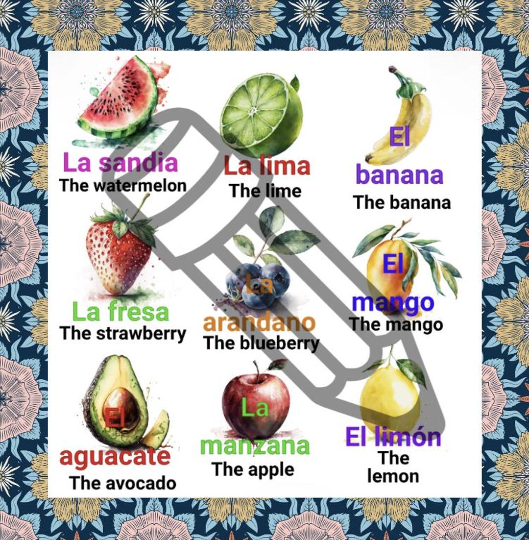 Spanish Vocabulary (food, Fruit, Vegetables) | 5 Pages - Etsy