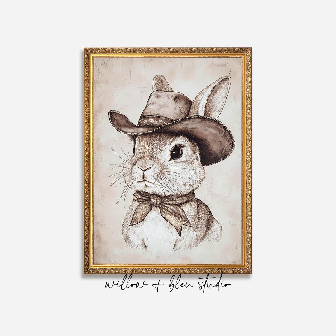 Vintage Cowboy Bunny Printable Wall Art, Neutral Brown Western Nursery ...