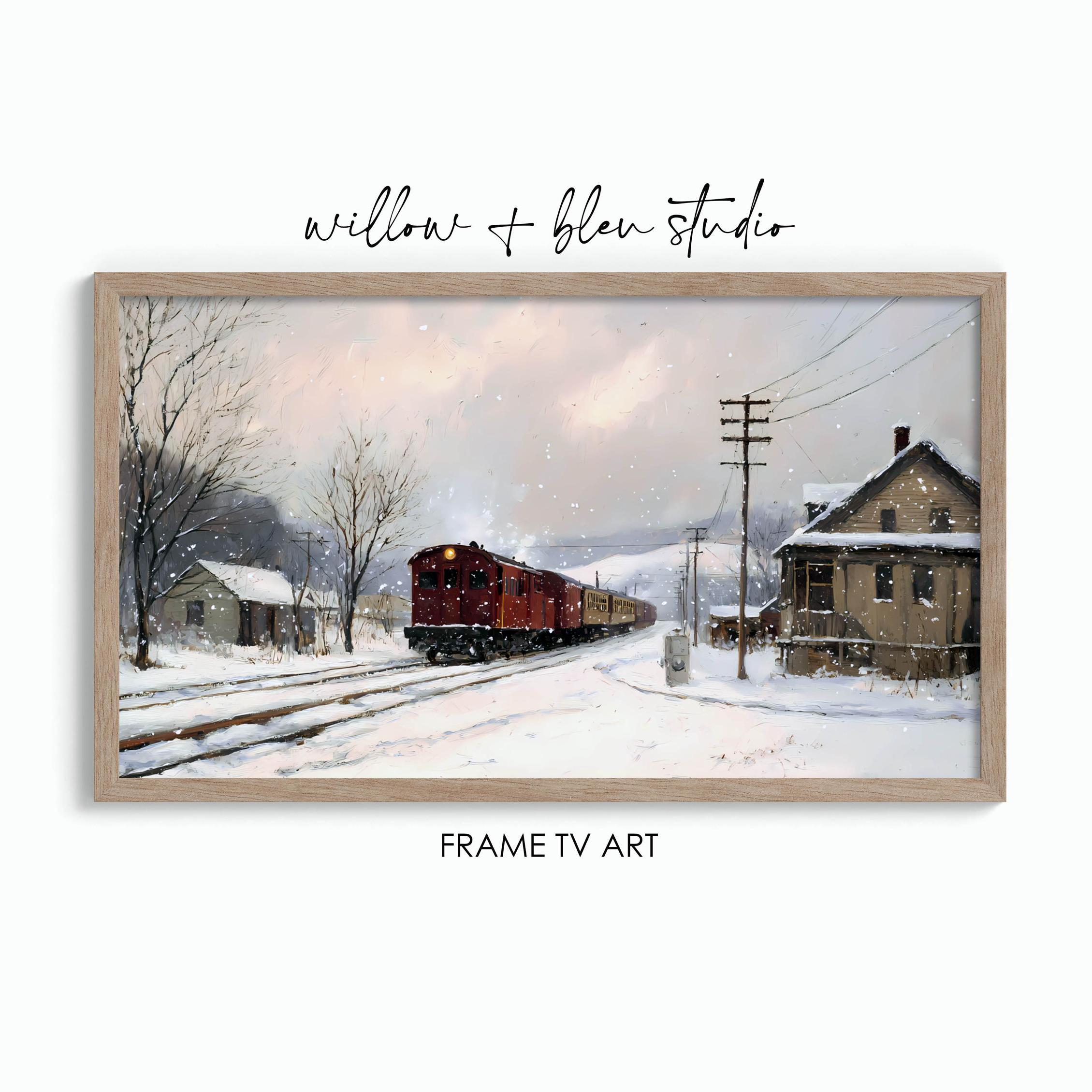 Christmas Red Train Winter Village Frame Tv Art, Moody Country Railroad ...