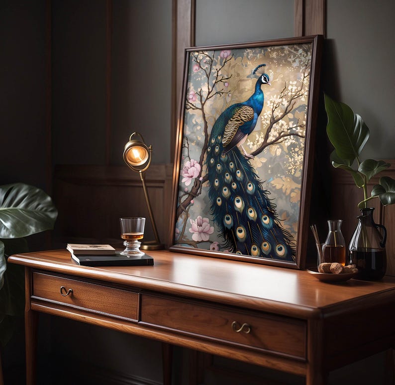 Grandmillennial Peacock Art, Gold Floral Chinoiserie Printable, Elegant ...