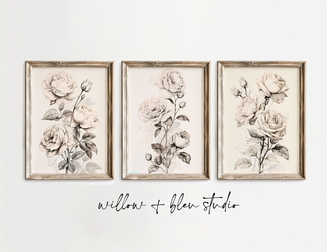 Vintage Rose Sketch Printable 3 Piece Wall Art Set, Neutral Floral ...